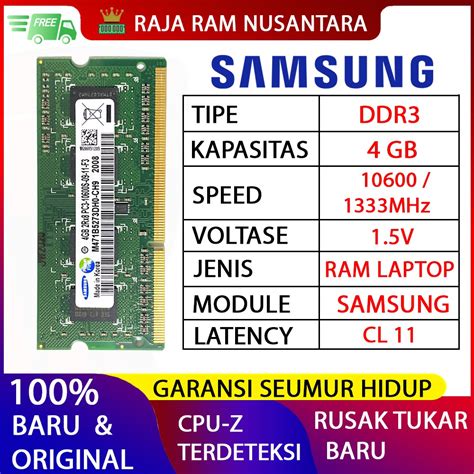 Jual Ram Laptop Samsung Ddr3 4gb 10600 1333mhz Original Ram Sodimm 1 5v