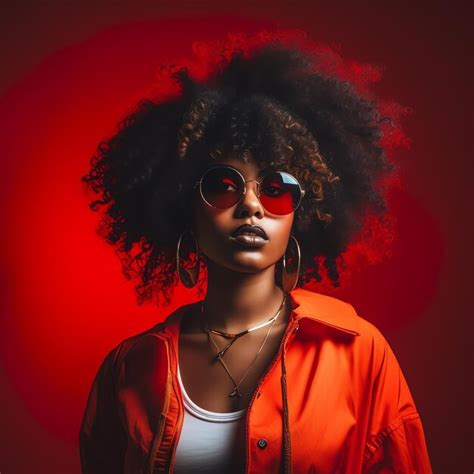 Premium Ai Image A Woman With Curly Hair Wearing Sunglasses And A Red