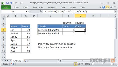 count cells between two numbers