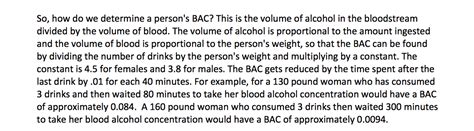 solved determine bac entering weight sex and time since