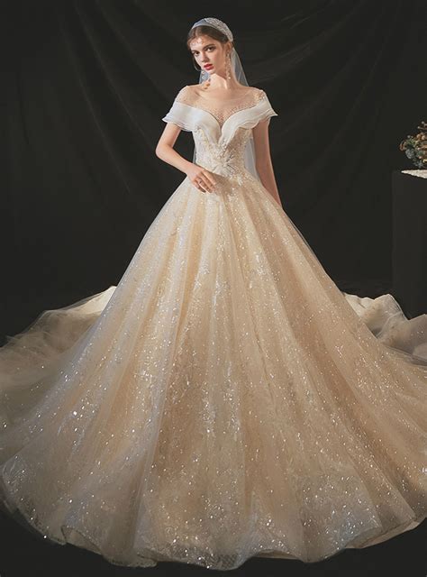 Champagne Tulle Lace With Beading Backless Wedding Dress