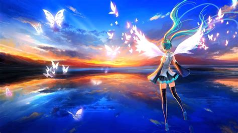 Sunlight Long Hair Anime Anime Girls Sky Weapon Clouds Flower