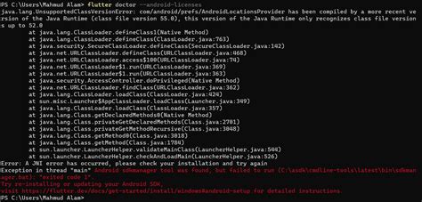 java flutter jni error while running flutter doctor android
