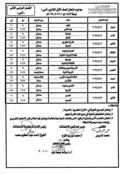 الترم الثاني 2022 جدول امتحانات أولى وثانية ثانوي ازهر علمي وأدبي
