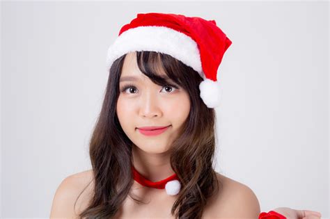 Beautiful Portrait Young Asian Woman Santa Costume Wear Hat Smiling