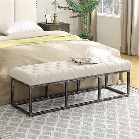 24kf Upholstered Tufted Long Bench Seats With Metal Frame Leg Linen