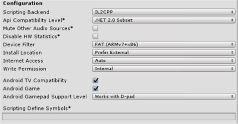 unity manual android player settings