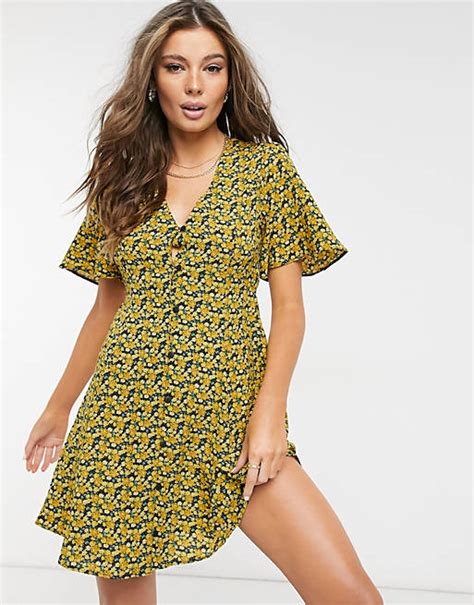 Asos Design Button Through Tie Back Mini Tea Dress With Angel Sleeve In