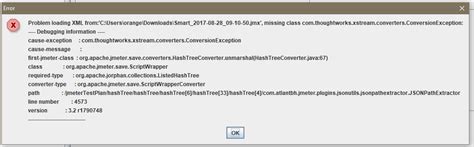 error while importing jmx file in jmeter conversion exception stack