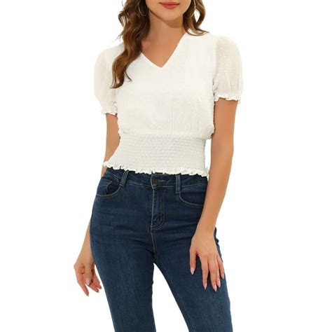 Allegra K Womens Swiss Dots V Neck Puff Sleeve Smocked Waist Tops