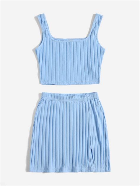 Shein Ezwear Ribbed Cropped Tank Top And Mini Skirt Set Shein Uk