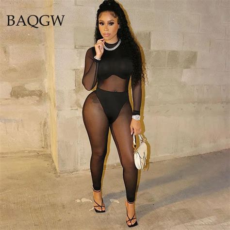 Mesh Sheer Patchwork Nightclub Black Jumpsuit Women See Through Skinny