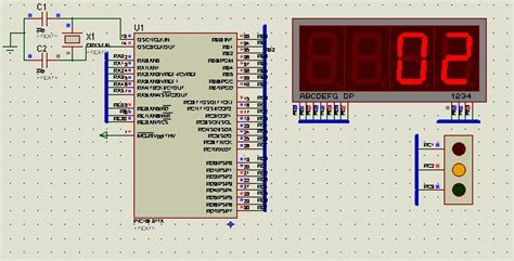 libstock traffic light with pic 16f877a and 7 segment led proteus