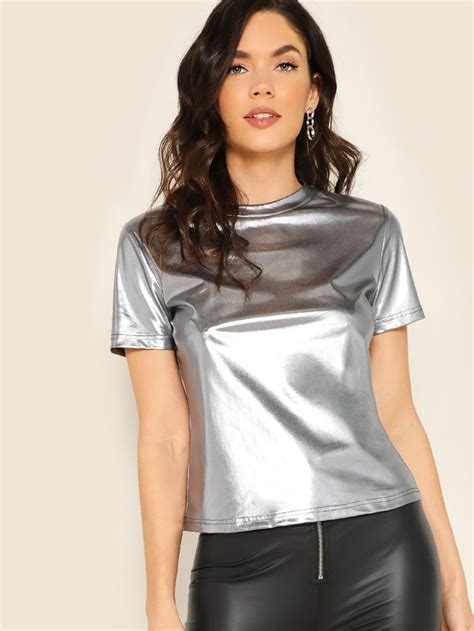 Shein Short Sleeve Metallic Top Round Neck Tops Metallic Tees Fashion