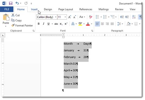 how to convert text to a table and a table to text in word 2013
