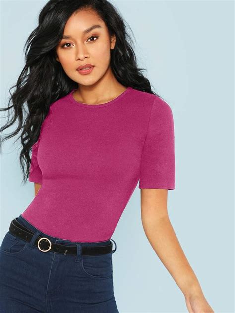 Shein Solid Fitted Rib Knit Tee