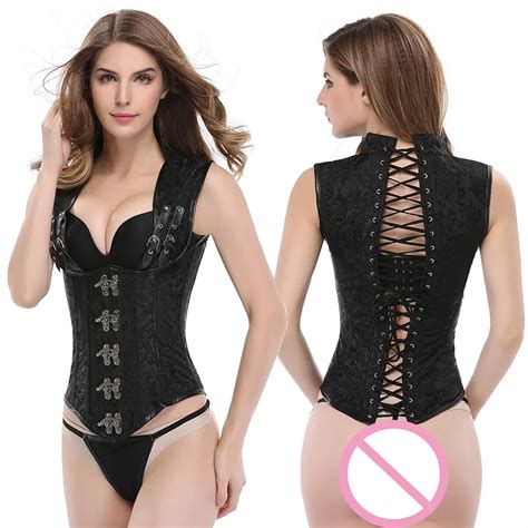 Black Brocade Collared Top Cupless Sexy Corset Vest Steampunk Underbust