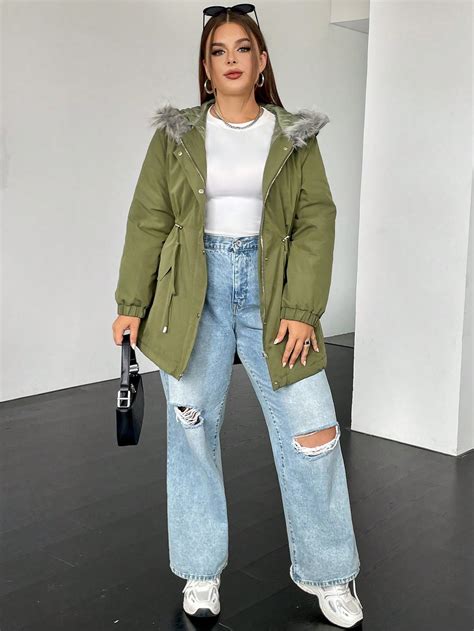 Shein Ezwear Plus Drawstring Waist Fuzzy Trim Hooded Parka Coat Shein Usa