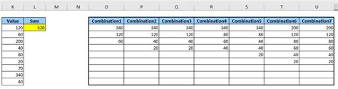 easily find all combinations that equal a given sum in excel