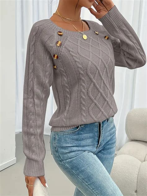 Long Sleeve Cable Knit Sweater Casual Crew Neck Sweater Temu