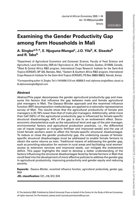 Pdf Examining The Gender Productivity Gap Among Farm Households In Mali