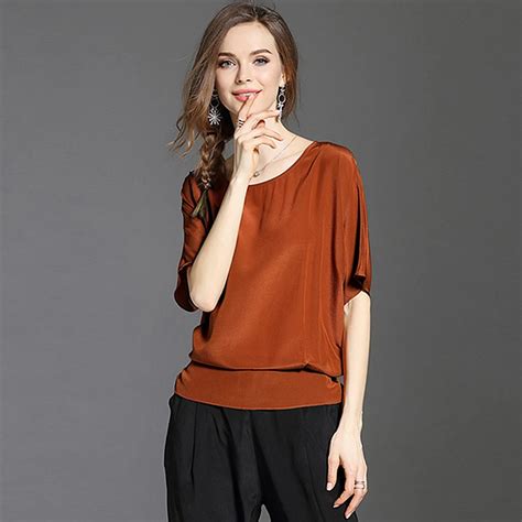 100 Silk Blouse Women Pullovers Loose Top Plus Size Solid O Neck Short