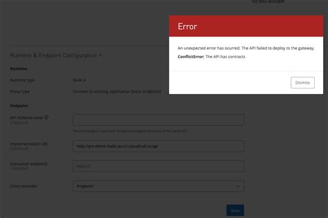 error an unexpected error has occurred the api failed to deploy to