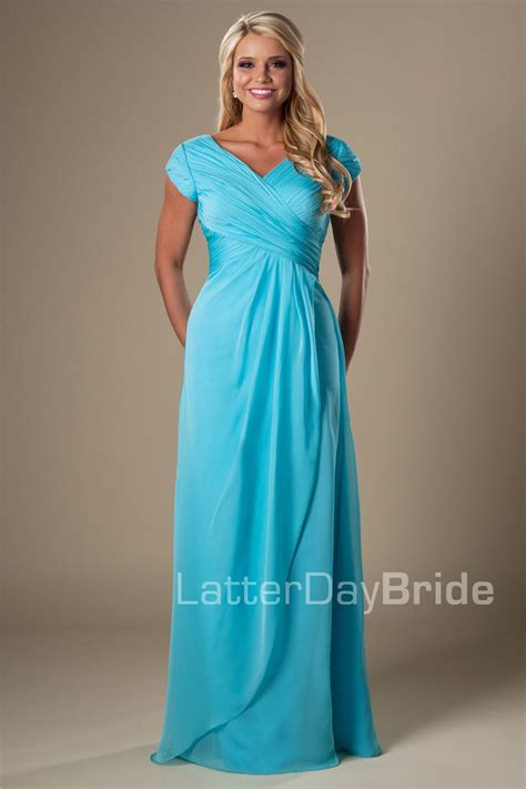 Blue Chiffon Modest Bridesmaid Dresses With Cap Sleeves Long Floor