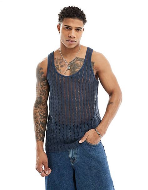 Asos Design Gehäkeltes Trägertop In Navy Mit Tiefem U Ausschnitt Asos