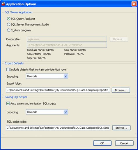 setting sql data compare options