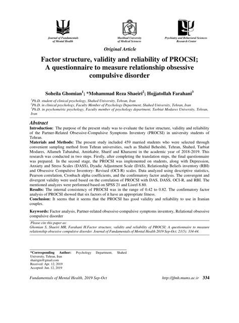 Pdf Factor Structure Validity And Reliability Of Procsi A