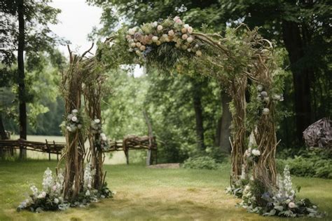 Premium Ai Image Rustic Wedding Arch Made Of Twigs And Flowers