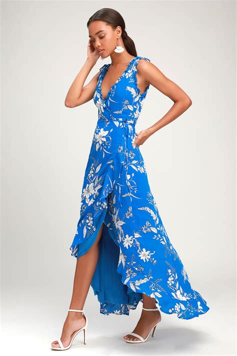 Royal Blue Floral Print Dress Ruffled Maxi Wrap Dress Lulus