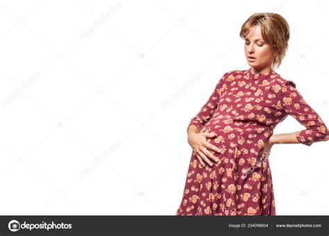 Young Happy Pregnant Woman Touching Her Belly Hands Love Concept Stock