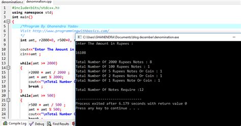 c program for denomination of an amount using while loop