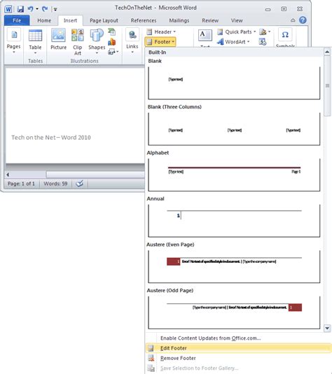 ms word 2010 edit a footer