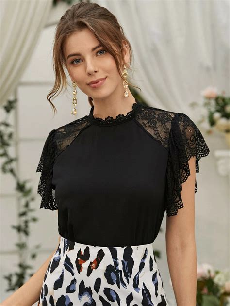Contrast Lace Button Back Blouse Shein Usa Ladies Tops Fashion