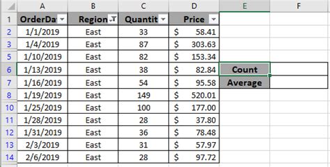 excel count filtered row using subtotal function