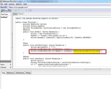 selenium by arun 18 viewing the source code of the steps recorded