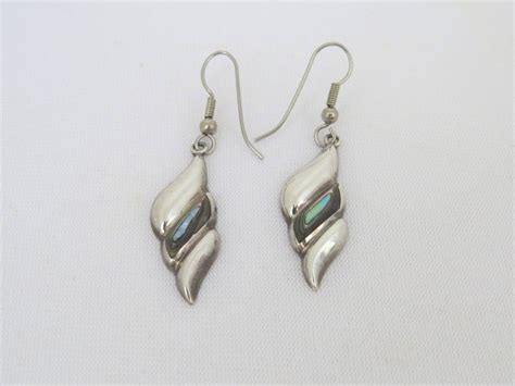 Vintage Sterling Silver Inlay Abalone Dangle Earrings Etsy