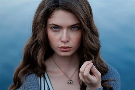 Hd Wallpaper Women Model Face Portrait Brunette Blue Eyes Women