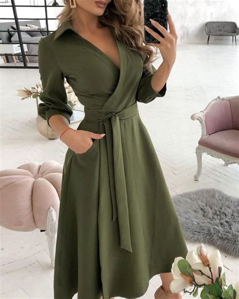Vestido Cruzado Con Cuello En V Y Manga Larga Vestido Acampanado Online