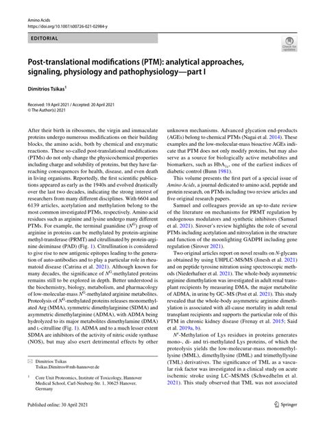 Pdf Post Translational Modifications Ptm Analytical Approaches