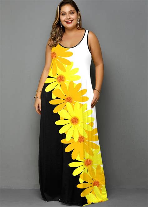 Rotita Plus Size Spaghetti Strap Daisy Print Pocket Dress Floral