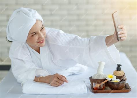 Premium Photo Asian Happy Relax Female Model In White Clean Bathrobe
