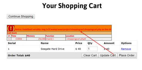 php undefined variable msg in shoppingcart stack overflow
