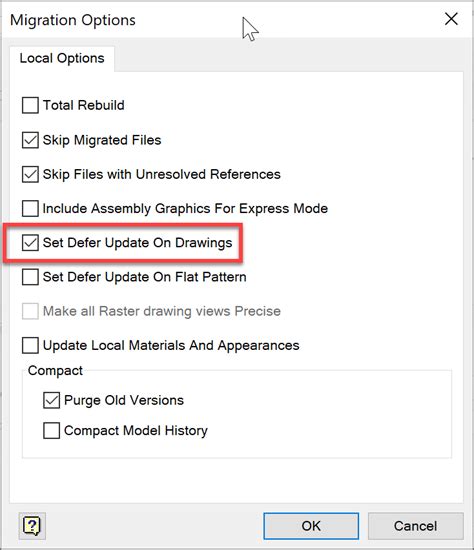 inventor migration task removes defer update in drawings option when