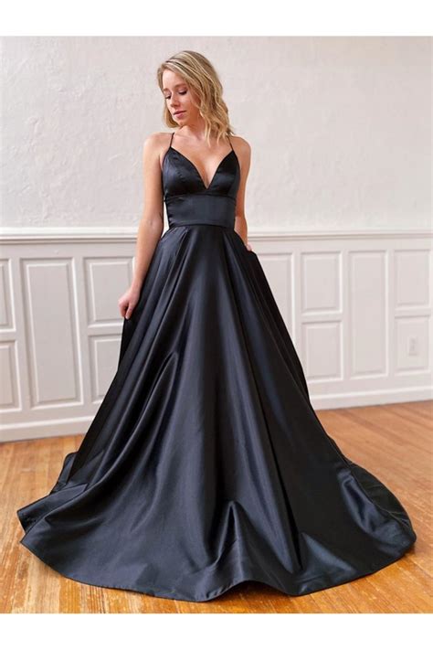 A Line Spaghetti Straps V Neck Long Black Prom Dresses Formal Evening