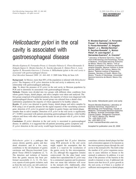 Pdf Helicobacter Pylori In The Oral Cavity Is Associated With
