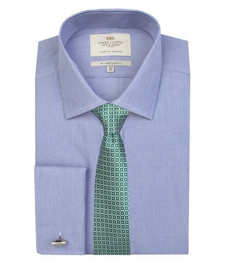 Mens Blue And White Fine Stripe Slim Fit Shirt Double Cuff Formal